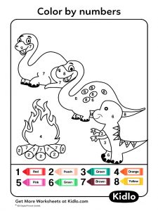 Color By Numbers – Dino Worksheet #48 - Kidlo.com