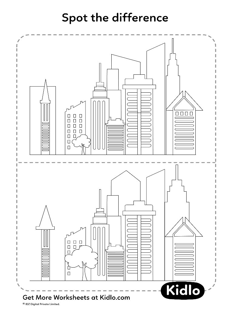 Spot The Difference – City Matching Activity Worksheet #03 - Kidlo.com